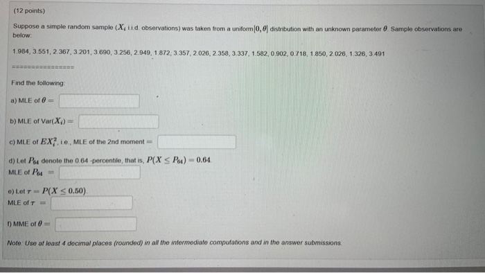 Solved (12 points) Suppose a simple random sample (Xi iid | Chegg.com