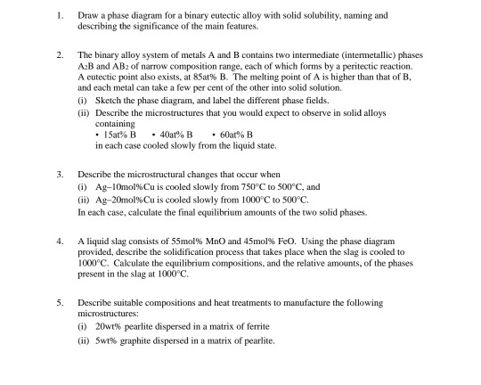 Solved 1. Draw a phase diagram for a binary eutectic alloy | Chegg.com