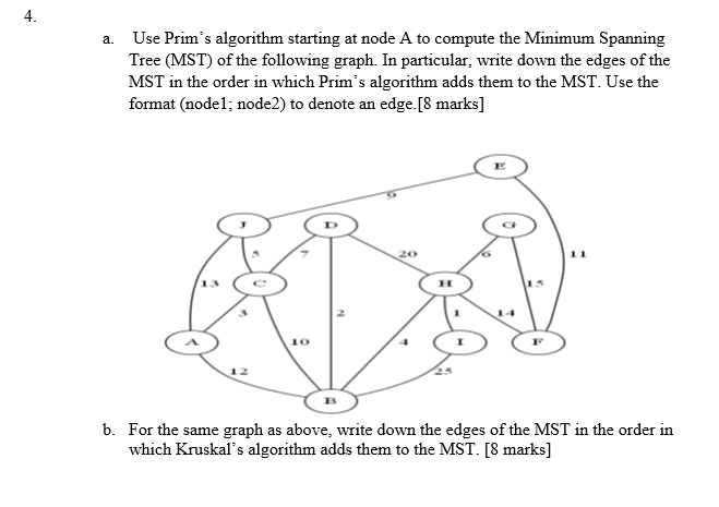 Solved 4. a. Use Prim's algorithm starting at node A to | Chegg.com