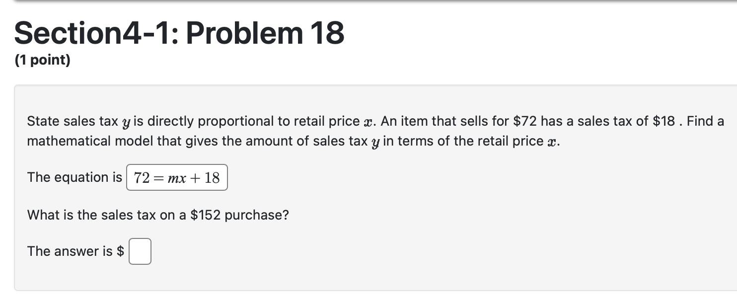 Solved State sales tax y ﻿is directly proportional to retail | Chegg.com