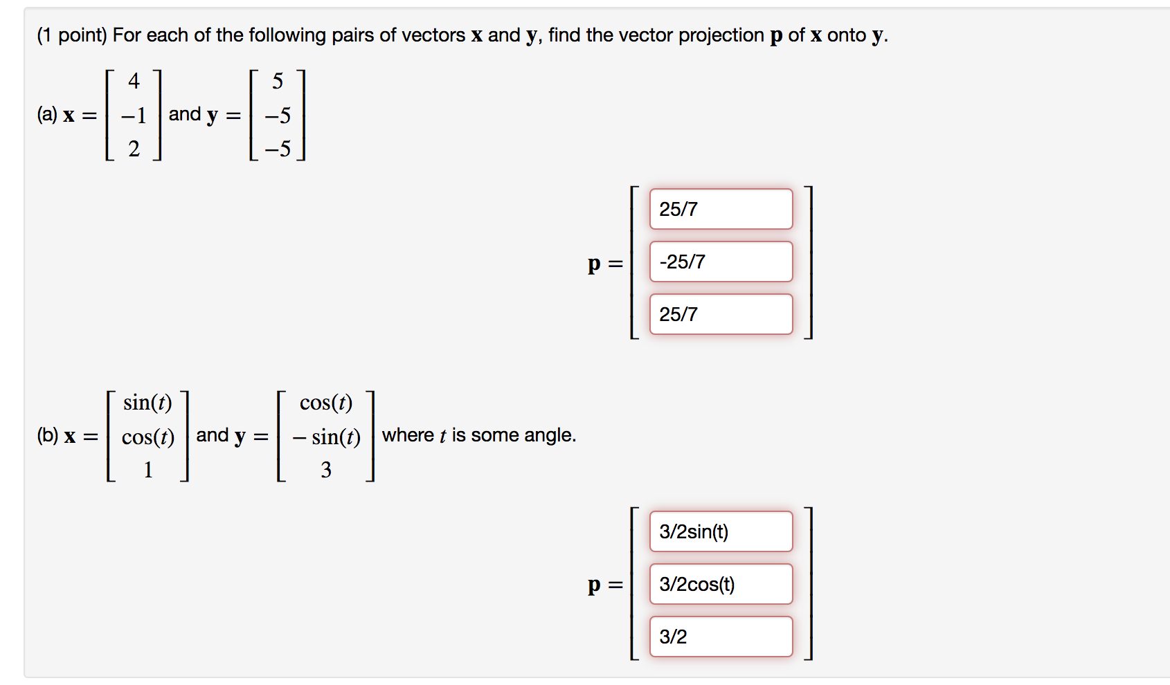 Solved (1 point) For each of the following pairs of vectors | Chegg.com