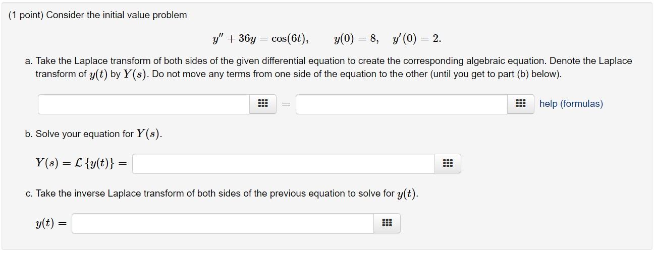 Solved (1 point) Consider the initial value problem y" + 36y | Chegg.com