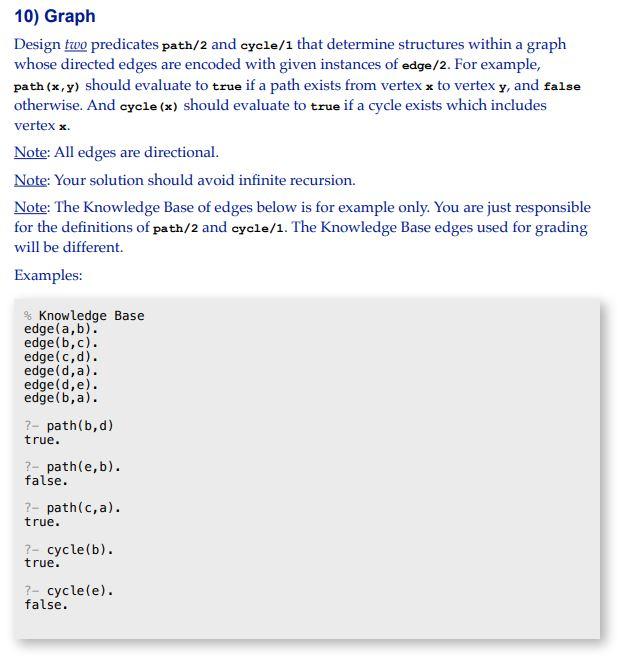 Solved 10) Graph Design two predicates path/2 and cycle/1 | Chegg.com
