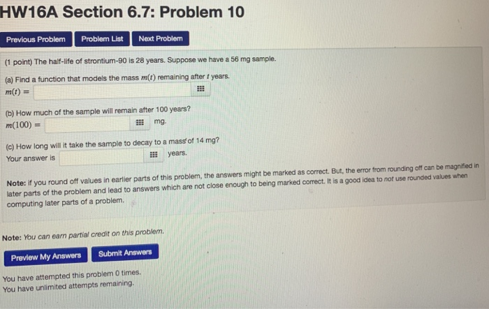 Solved HW16A Section 6.7: Problem 10 Previous Problem | Chegg.com