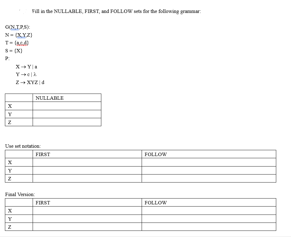 Solved Fill in the NULLABLE, FIRST, and FOLLOW sets for the | Chegg.com