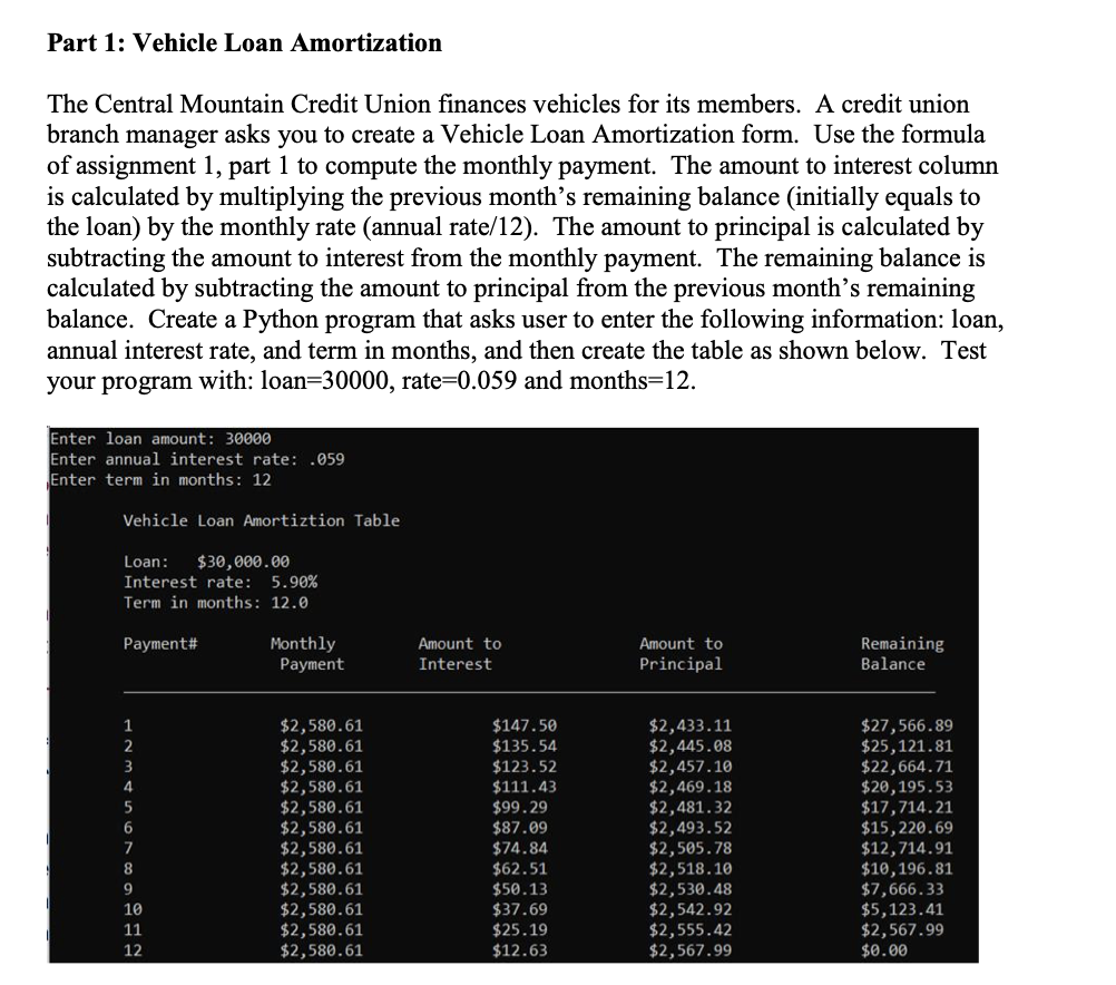 Solved Part 1: Vehicle Loan Amortization The Central | Chegg.com