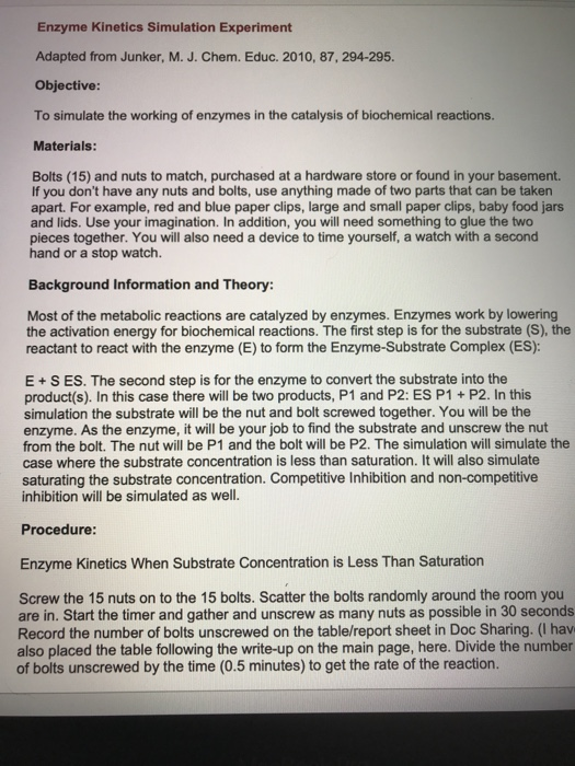 Solved Enzyme Kinetics Simulation Experiment Adapted from | Chegg.com