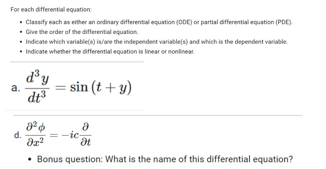 Solved For each differential equation: - Classify each as | Chegg.com