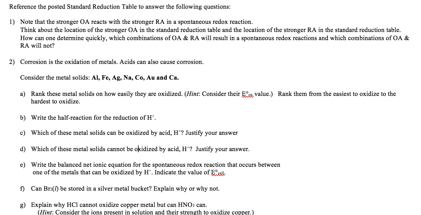 Solved Reference the posted Standard Reduction Table to | Chegg.com