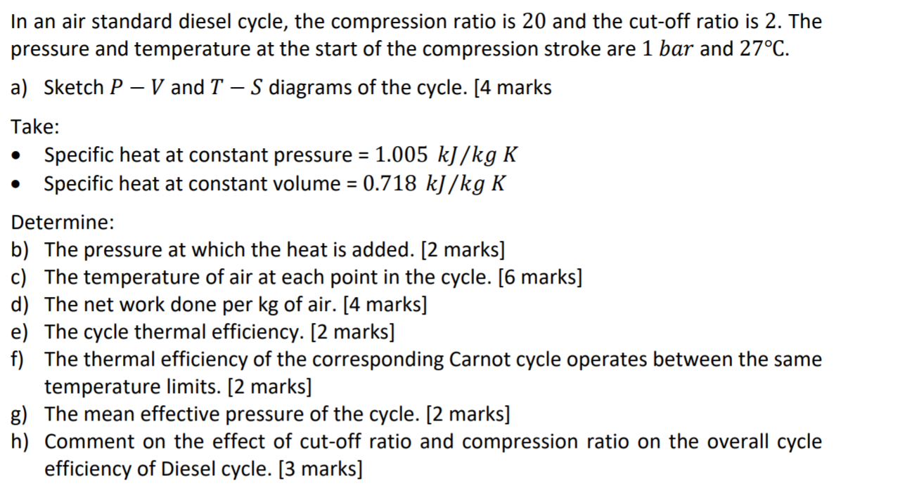 Solved In an air standard diesel cycle, the compression | Chegg.com