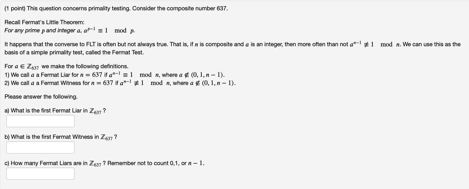 Solved (1 point) This question concerns primality testing. | Chegg.com