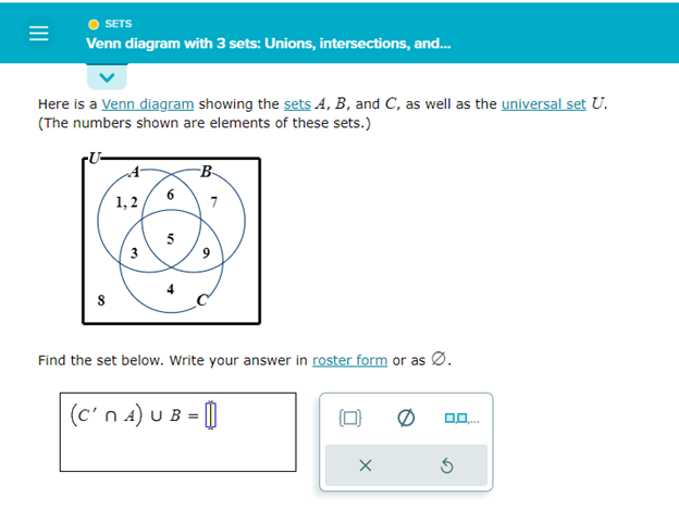 Solved Here is a Venn diagram showing the sets A,B, and C, | Chegg.com