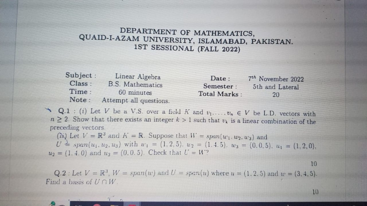 Solved DEPARTMENT OF MATHEMATICS,QUAID-I-AZAM UNIVERSITY, | Chegg.com