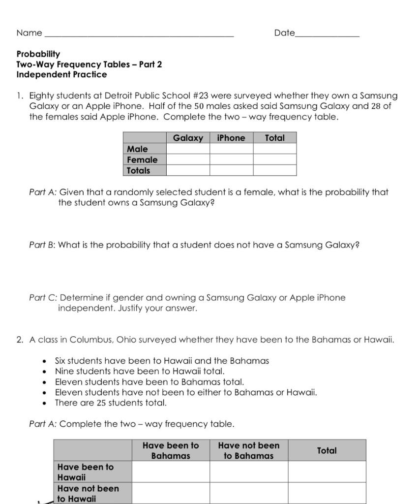 Solved Name Date Probability Two-Way Frequency Tables - Part | Chegg.com