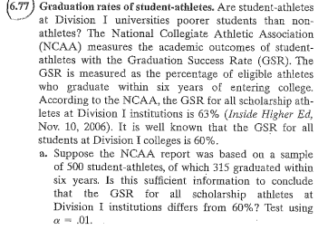 Solved (6.77) Graduation rates of student-athletes. Are | Chegg.com