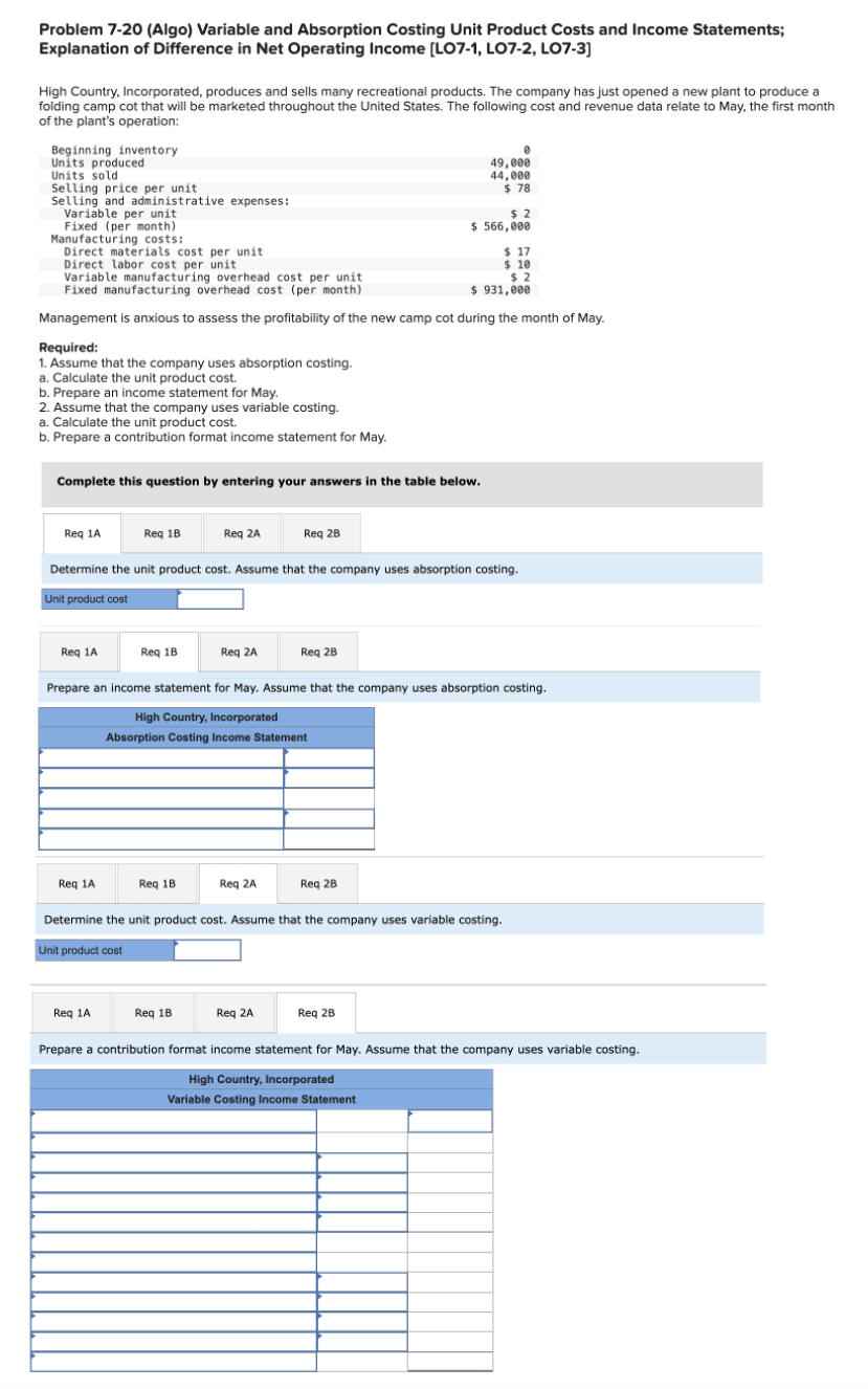 Solved Problem 7-20 (Algo) Variable and Absorption Costing | Chegg.com Solved Problem 7-20 (Algo) Variable and Absorption Costing | Chegg.com