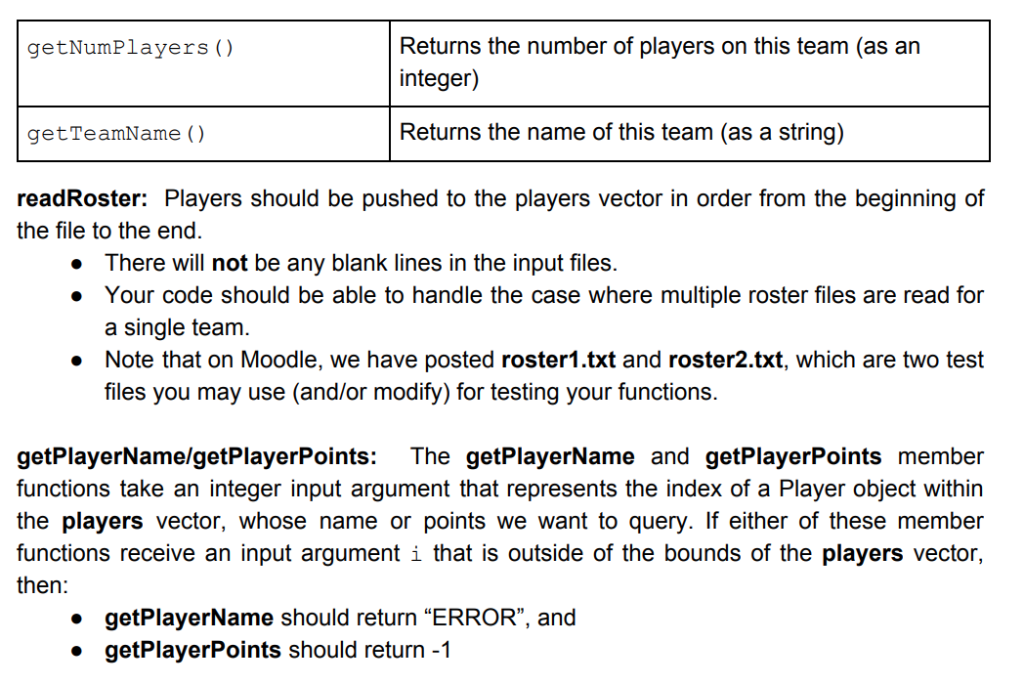Create Team.h and Team.cpp to implement the Team | Chegg.com