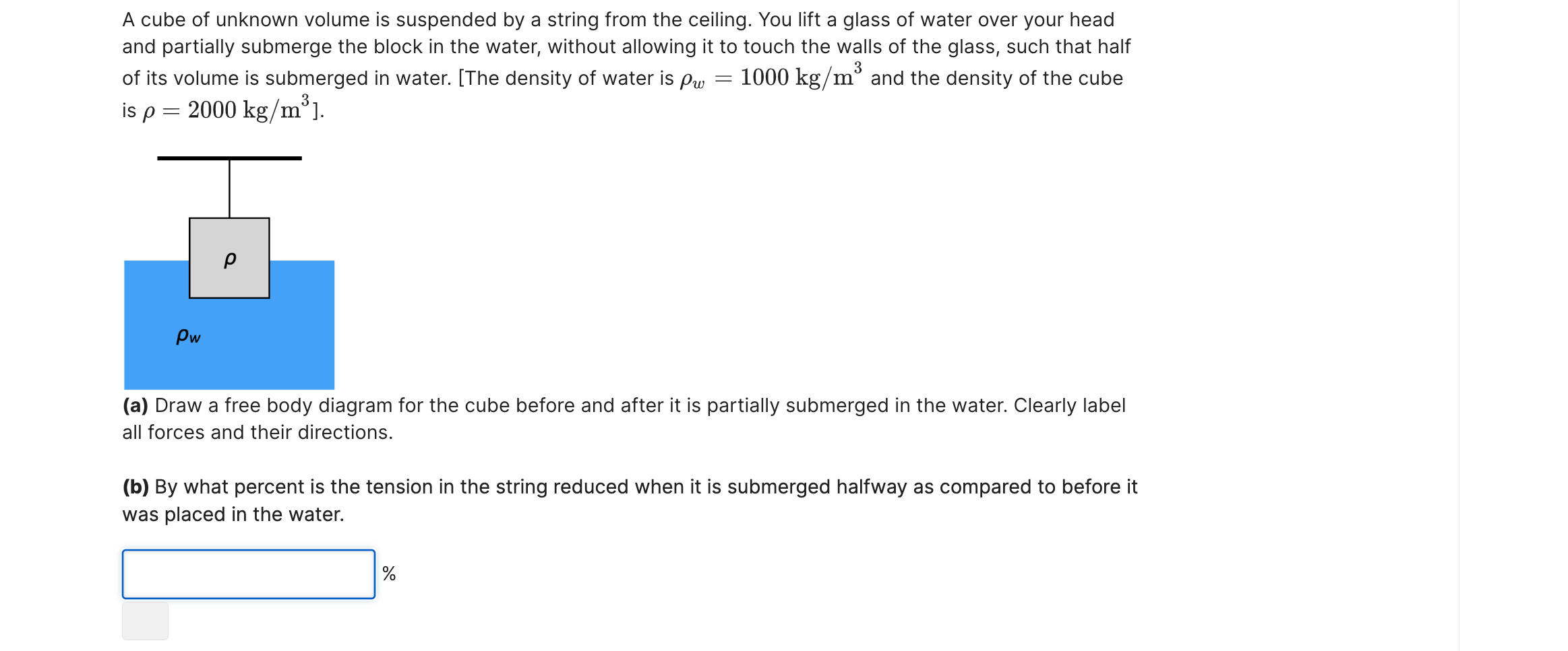 Solved A cube of unknown volume is suspended by a string | Chegg.com