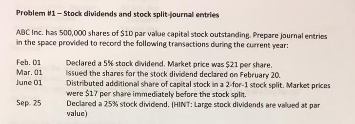 Solved Problem #1-Stock dividends and stock split-journal | Chegg.com