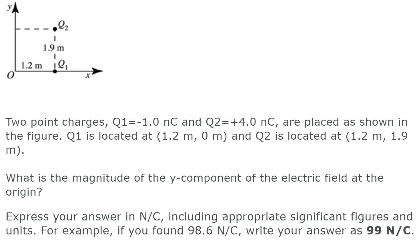 Solved 92 1.9 m 1.2 me 0 Two point charges, Q1=-1.0 nC and | Chegg.com