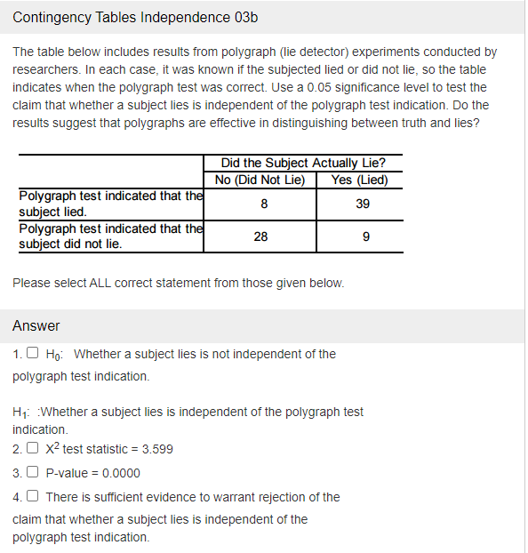 Solved The table below includes results from polygraph (lie | Chegg.com