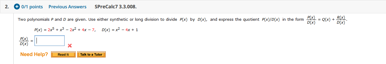 Solved 2. + 0/1 points Previous Answers SPreCalc7 3.3.008. | Chegg.com