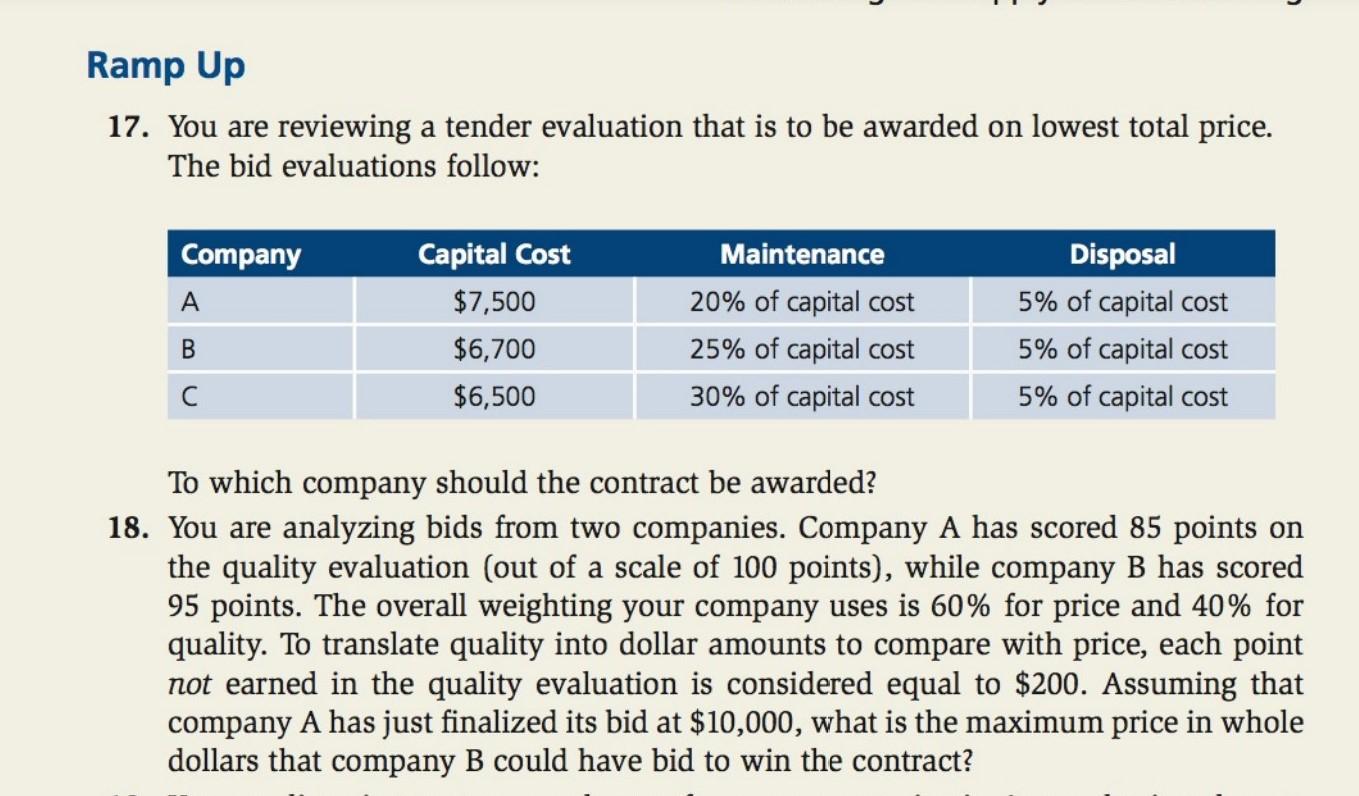 Solved 17. You are reviewing a tender evaluation that is to | Chegg.com