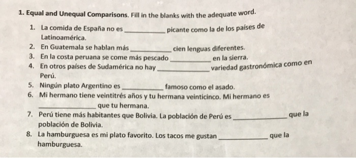1. Equal and Unequal Comparisons. Fil in the blanks | Chegg.com