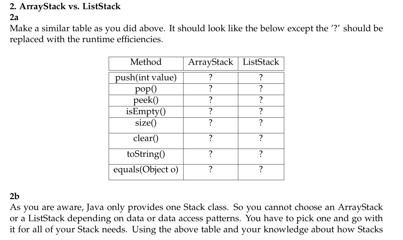 Solved 2. ArrayStack vs. ListStack 2a Make a similar table | Chegg.com