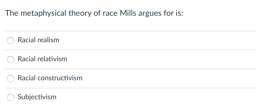 Solved The metaphysical theory of race Mills argues for is: | Chegg.com