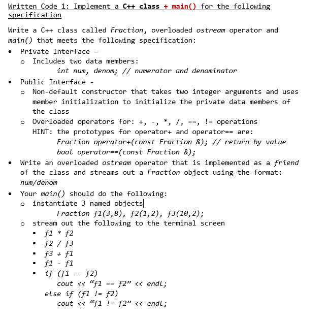 Solved Written Code 1: Implement a C++ class + main() for | Chegg.com