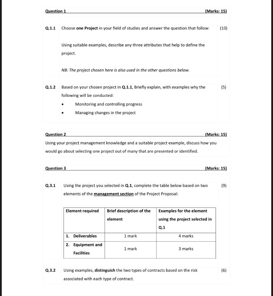 Solved Question 1 (Marks: 15) Q.1.1 Choose one Project in | Chegg.com