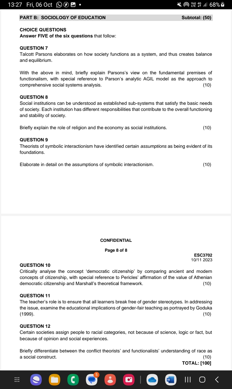 Solved PART B: SOCIOLOGY OF EDUCATION Subtotal: (50) CHOICE | Chegg.com
