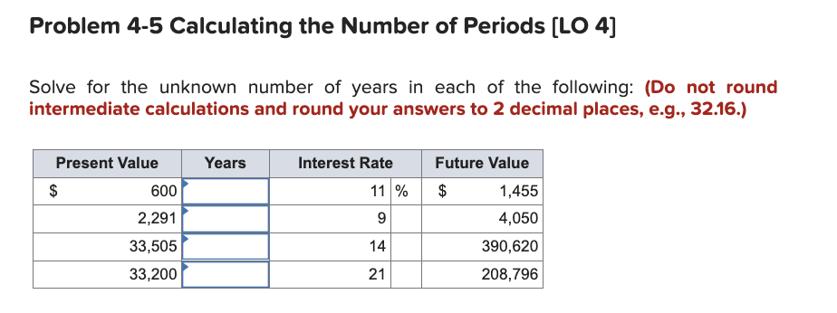 Solved Problem 4-5 Calculating the Number of Periods [LO 4] | Chegg.com
