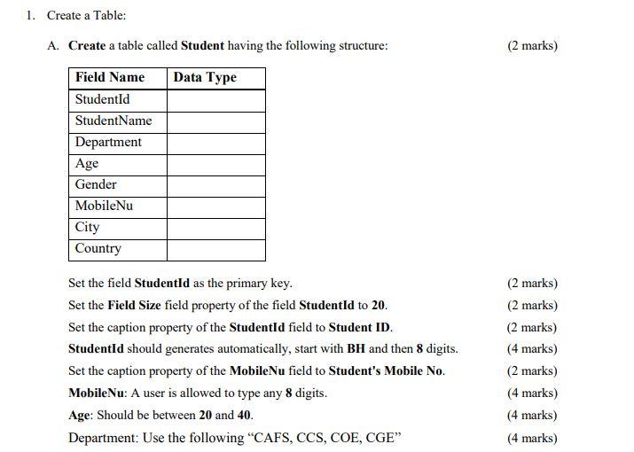 Solved 1. Create a Table: (2 marks) A. Create a table called | Chegg.com