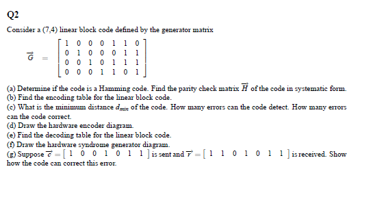 Solved 10 Q2 Consider a (7,4) linear block code defined by | Chegg.com