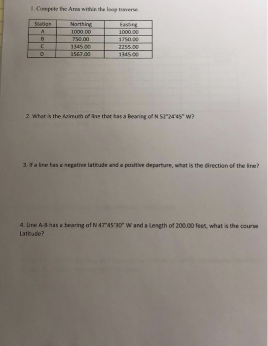 Solved 1. Compute the Area within the loop traverse. Station | Chegg.com