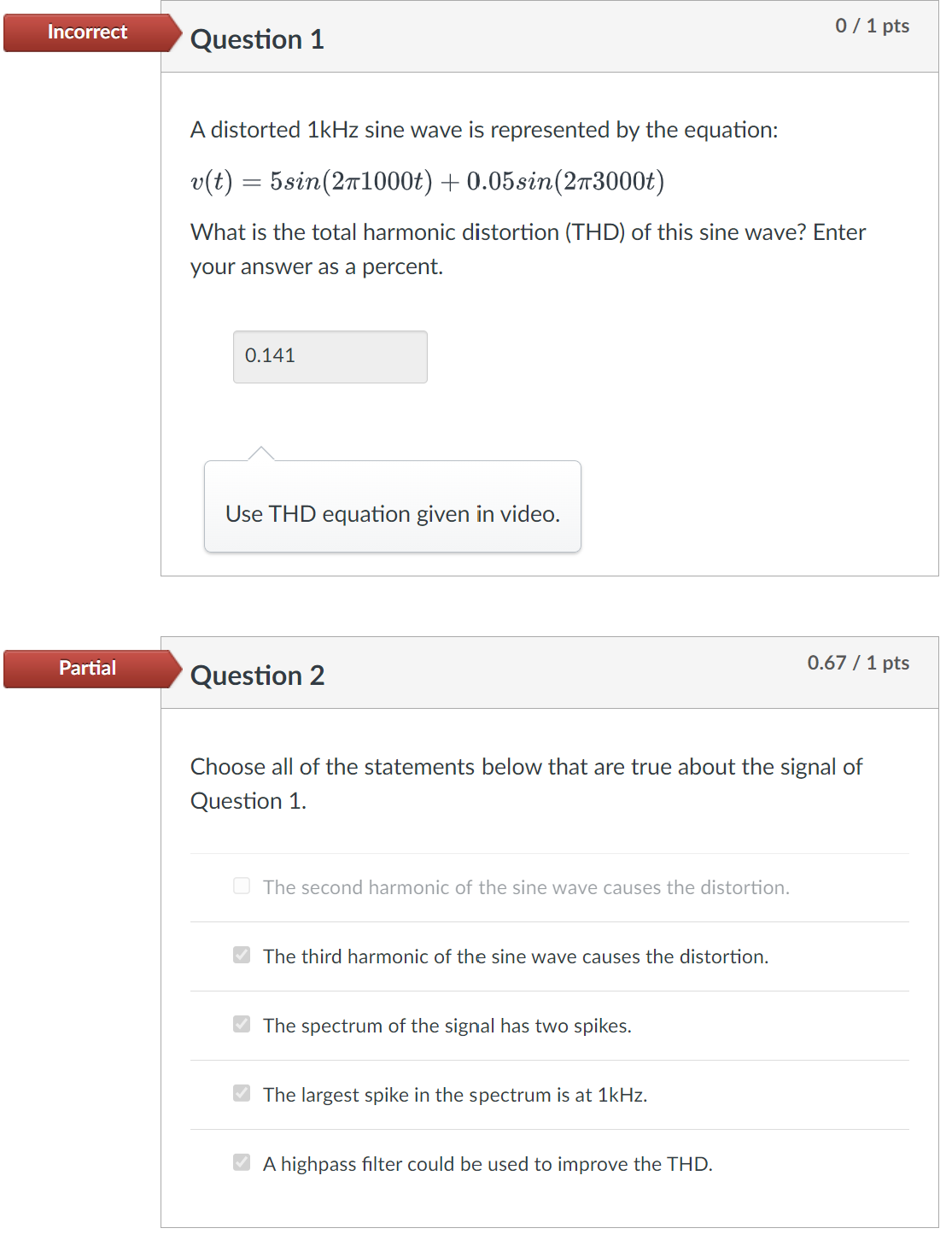 Solved A distorted 1kHz sine wave is represented by the | Chegg.com