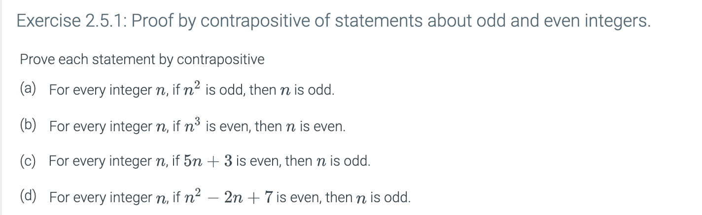 Solved Exercise 2.5.1: Proof by contrapositive of statements | Chegg.com