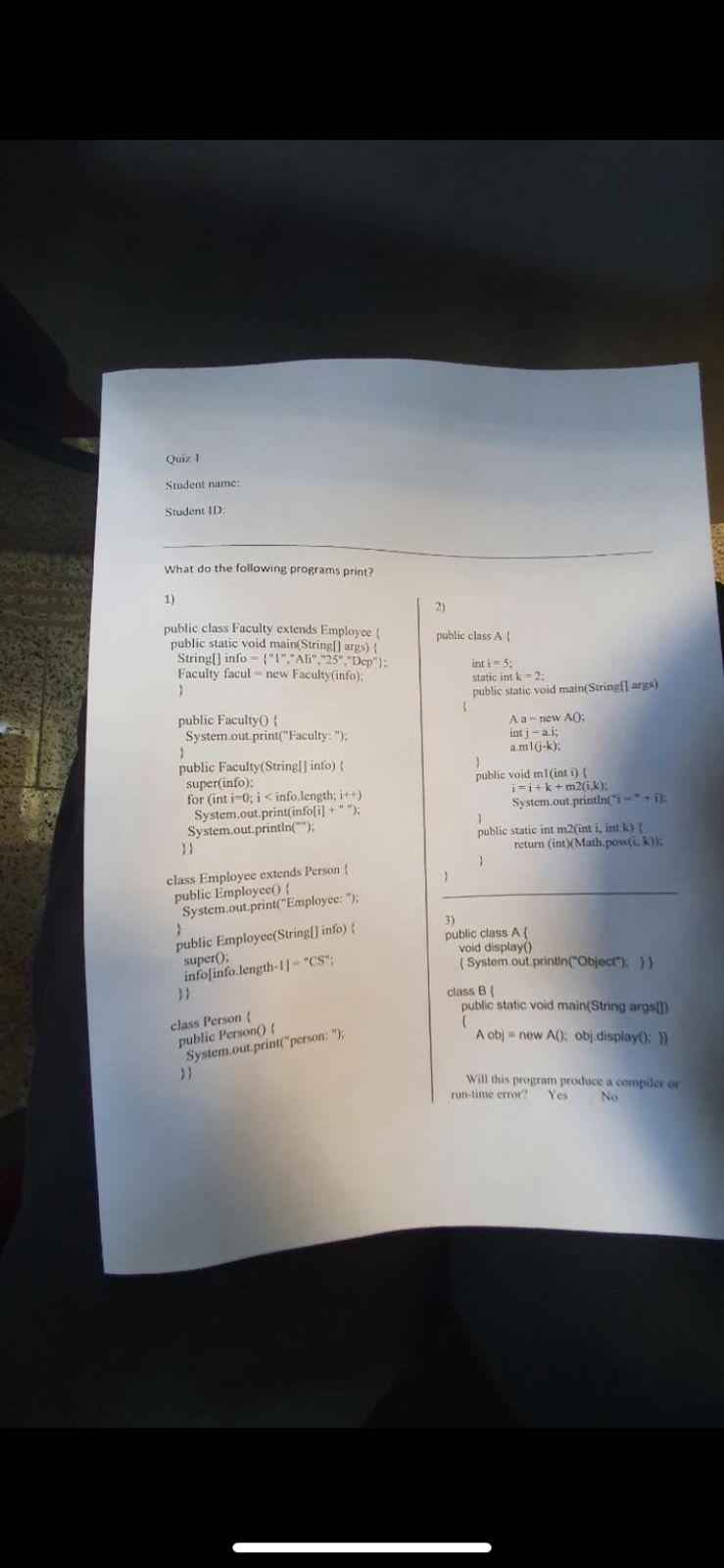 Solved Quiz 1 Student name: Student ID What do the following | Chegg.com