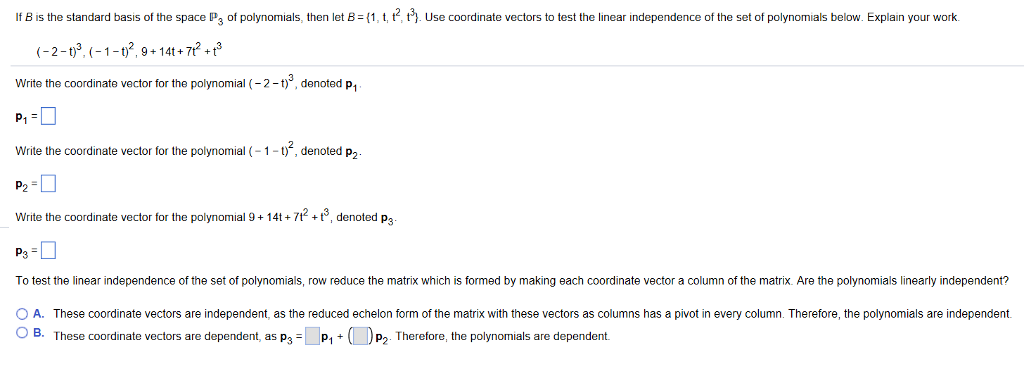 Solved (-2-03.(-1-02,9+14t+72+t3 Write the coordinate vector | Chegg.com
