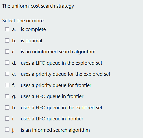 Solved The uniform-cost search strategy Select one or more: | Chegg.com