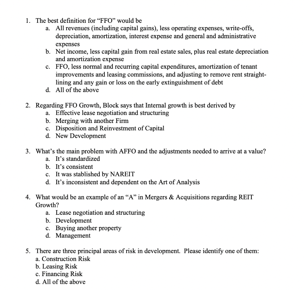 Solved 1. The best definition for "FFO” would be a. All | Chegg.com