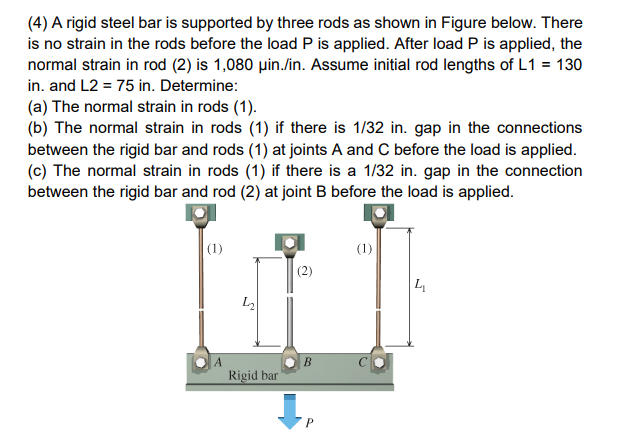 Solved (4) A rigid steel bar is supported by three rods as | Chegg.com