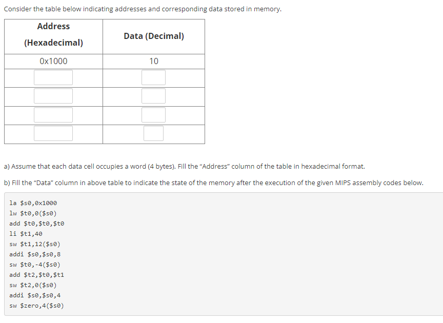 Solved Consider the table below indicating addresses and | Chegg.com