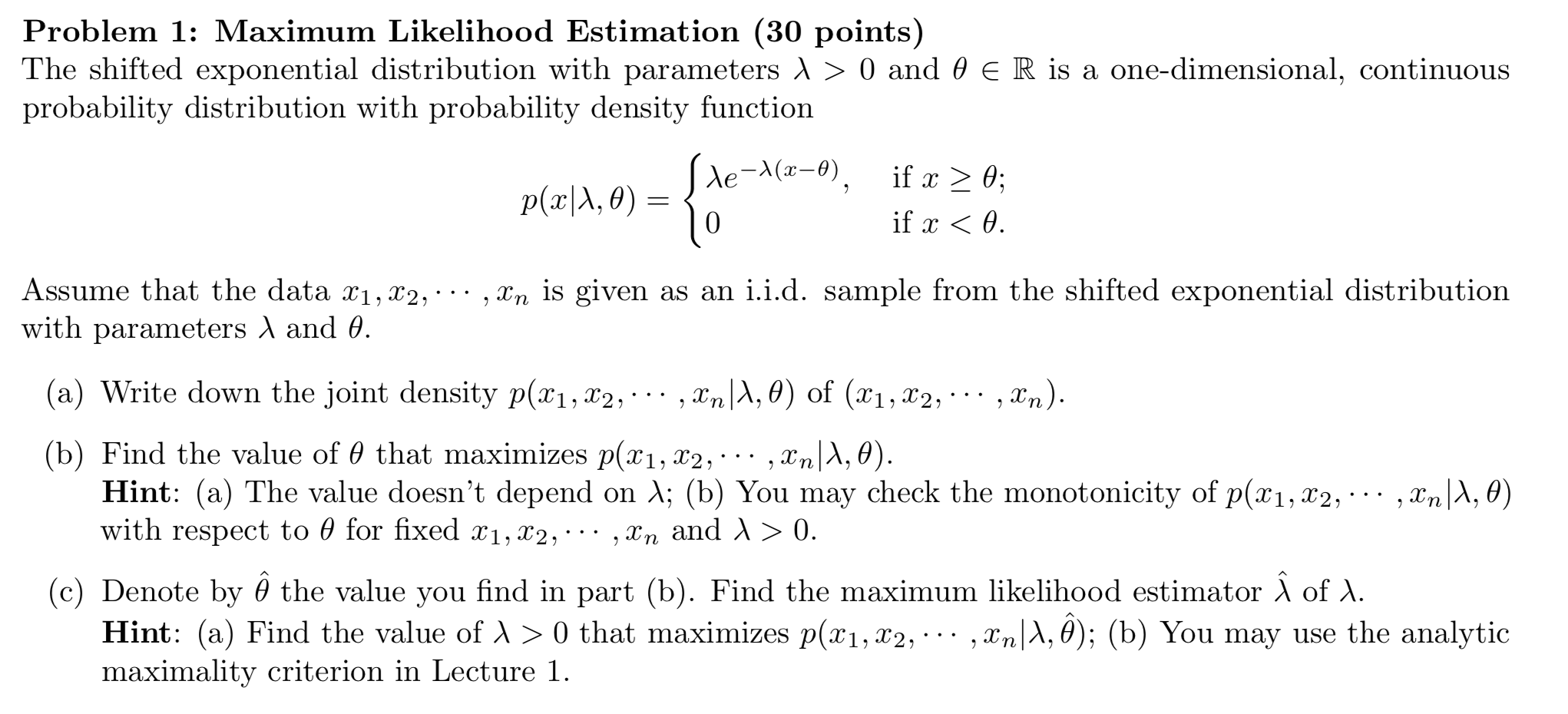 Solved Problem 1: Maximum Likelihood Estimation (30 points) | Chegg.com