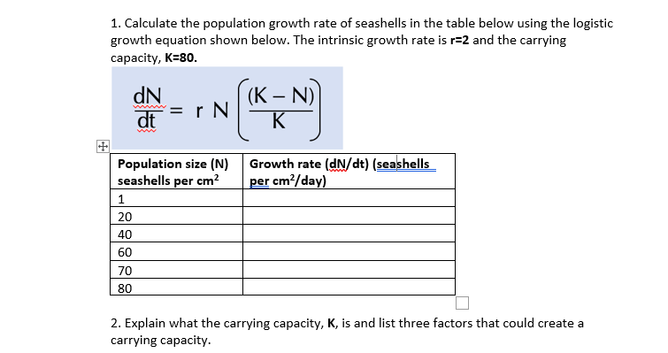 Solved 1. Calculate the population growth rate of seashells | Chegg.com