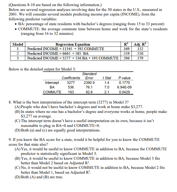 Solved (Questions 8-10 are based on the following | Chegg.com