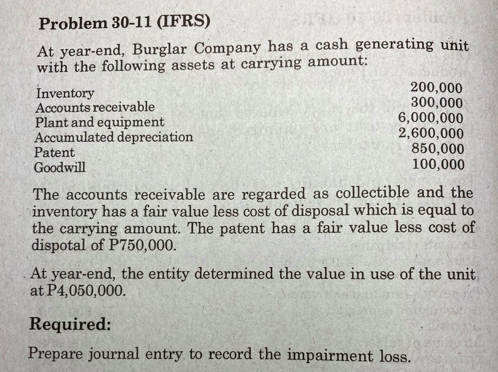 Solved Problem 30-11 (IFRS) At year-end, Burglar Company has | Chegg.com
