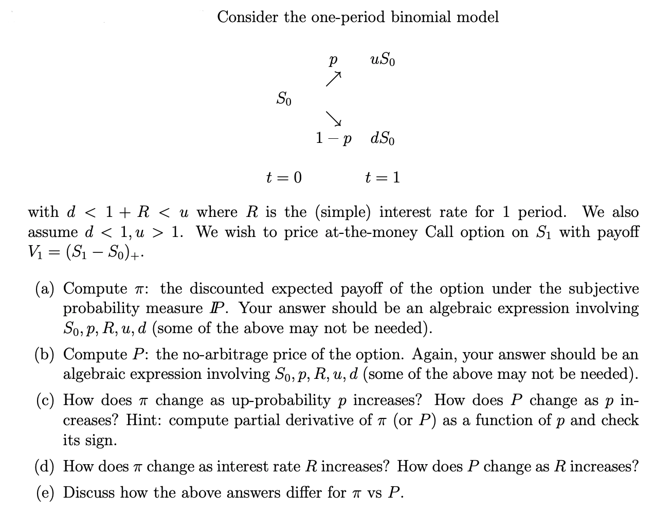 Consider the one-period binomial model р US. 7 지 So | Chegg.com
